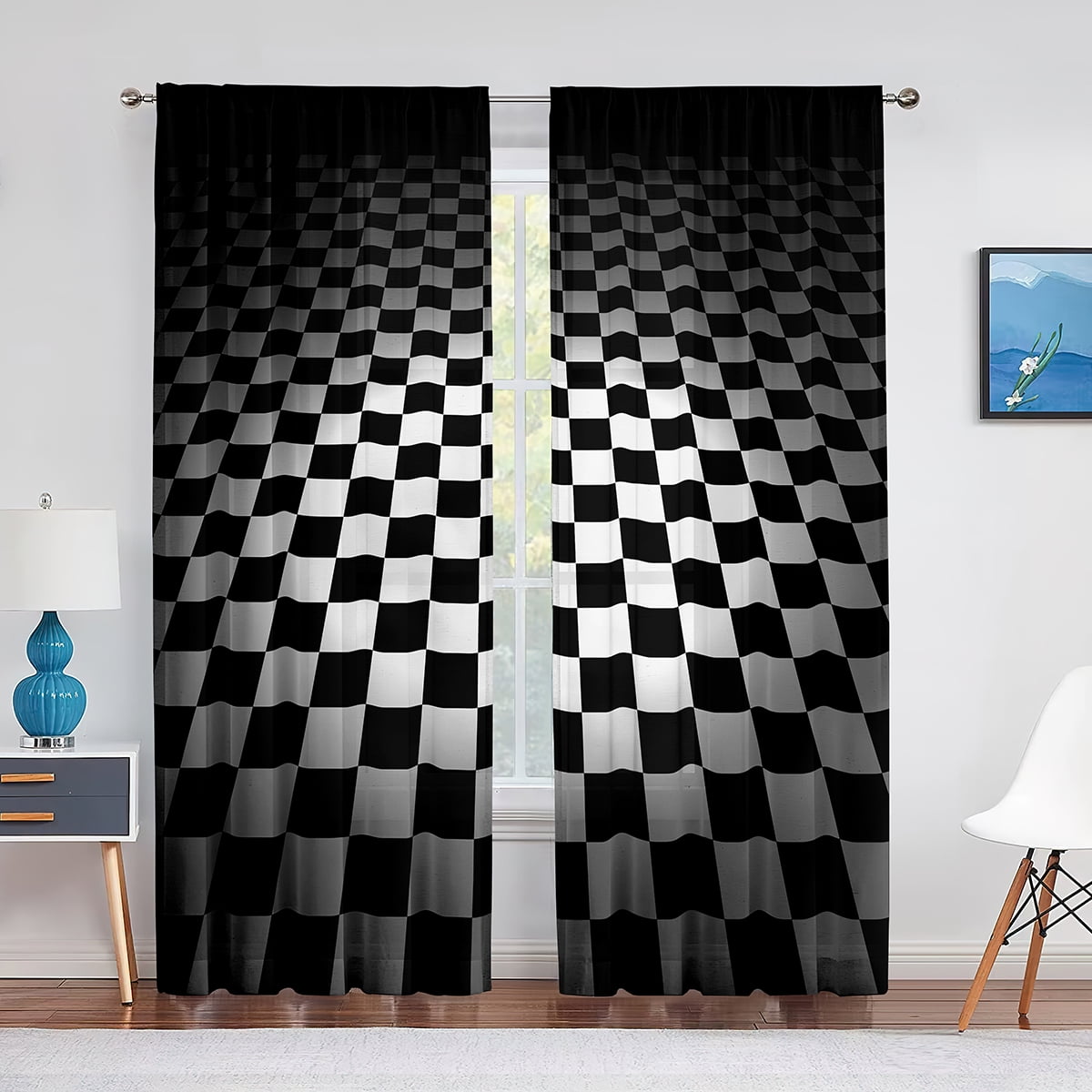 Black and White Checkered Sheer Voile Curtain for Living Room Bedroom ...