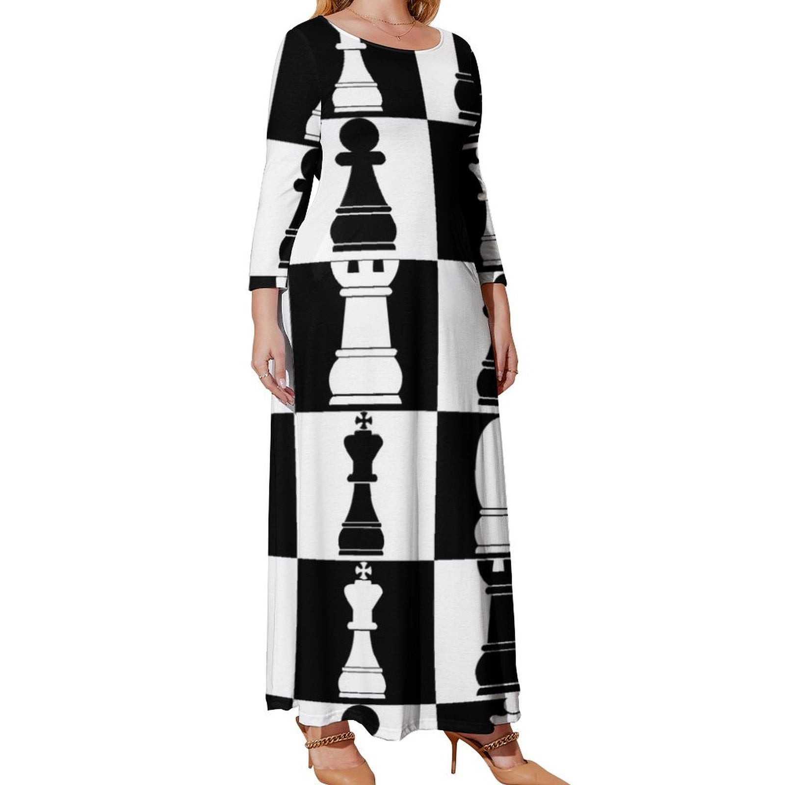 Black and White Chess Board Print Pattern Long Sleeved Dress african ...