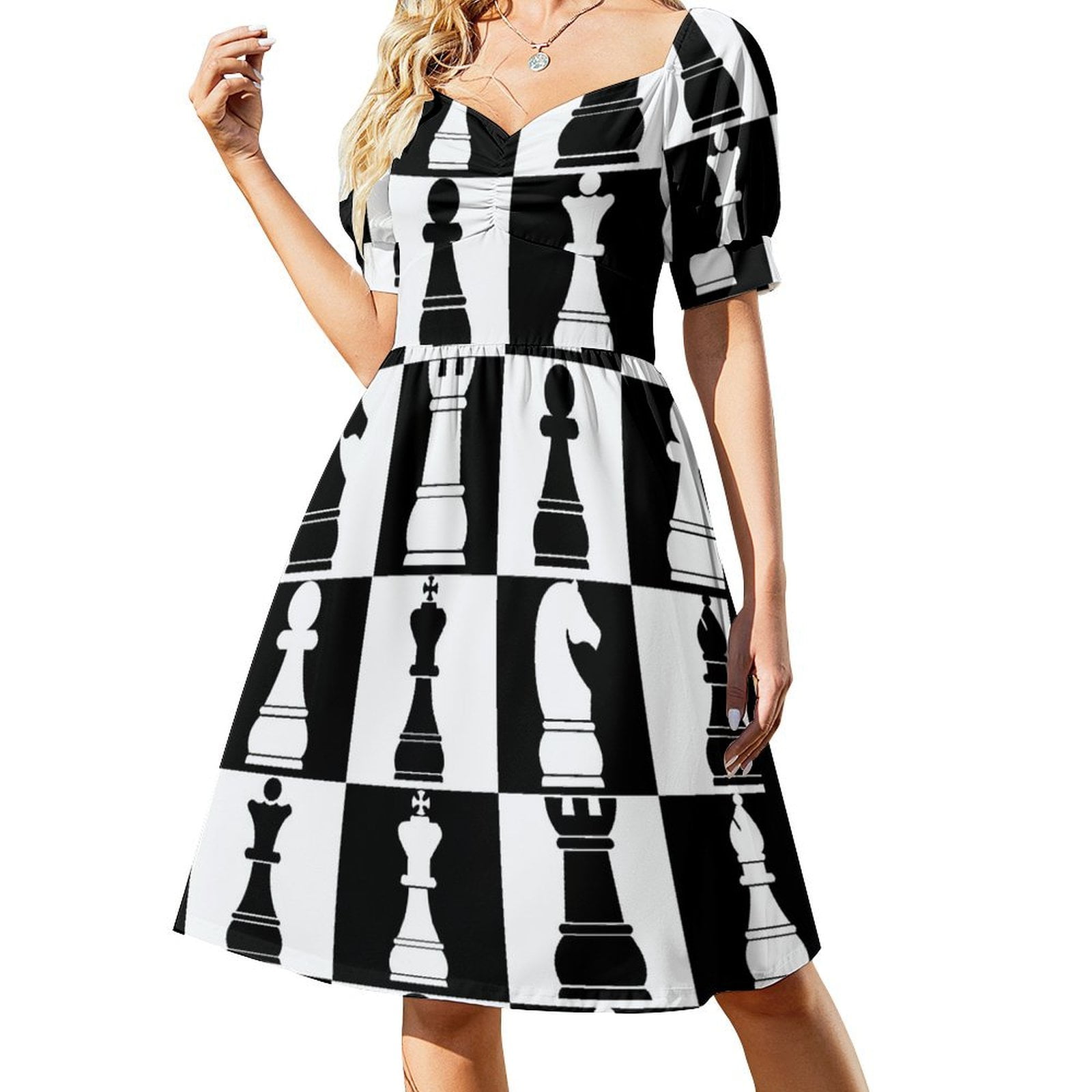 Black and White Chess Board Print Pattern Short Sleeved Dress dresses ...
