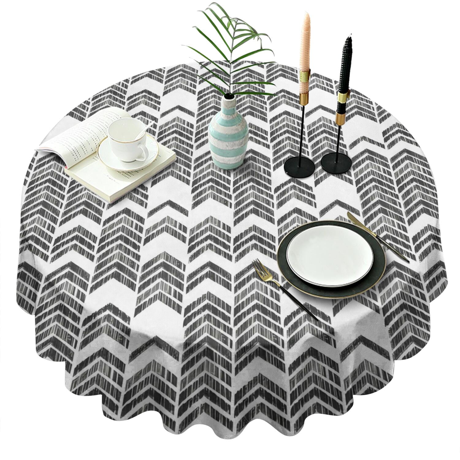 Black and White Chevron Pattern Round Tablecloth 60"x60",Wrinkle ...
