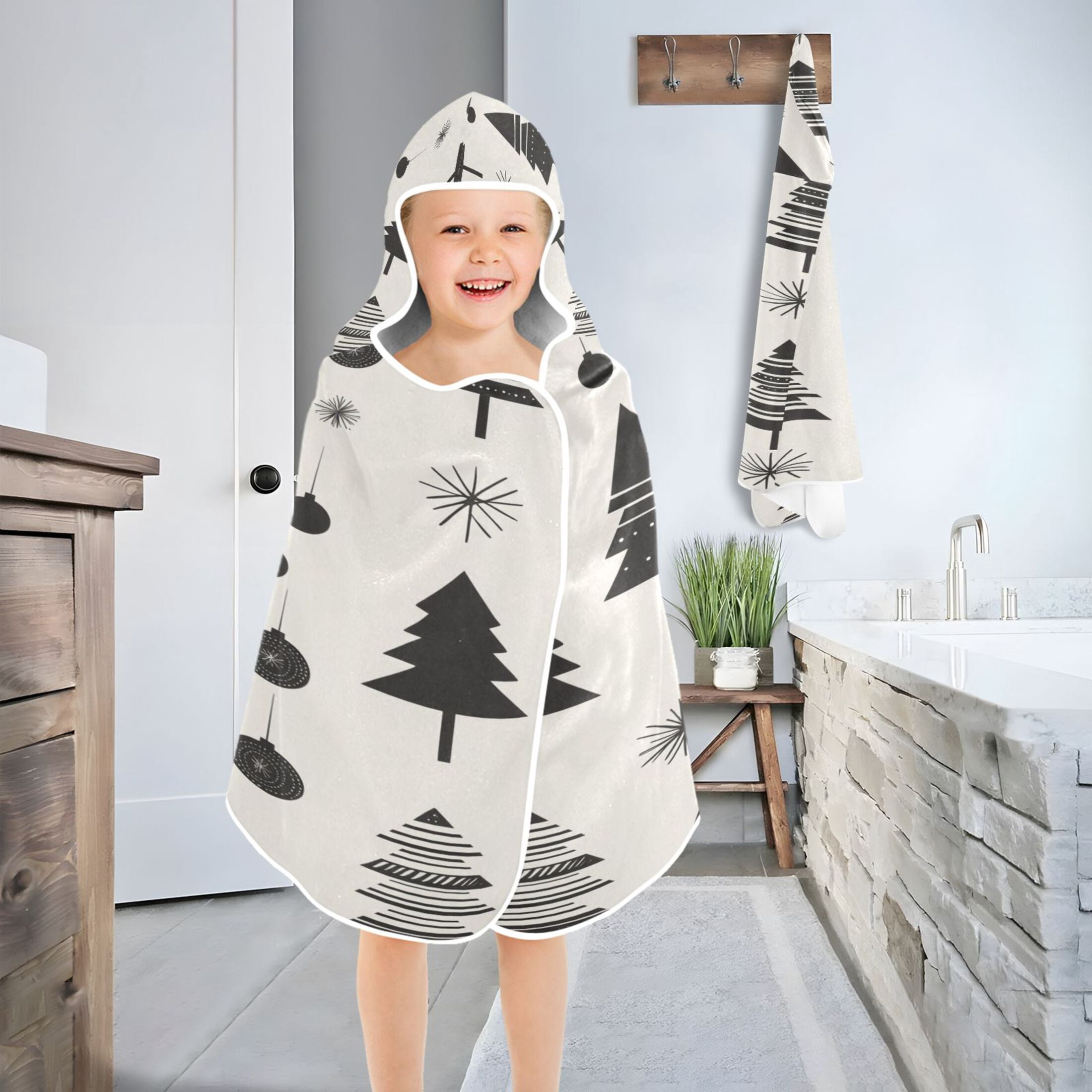 Black and White Christmas Tree Kid's Hooded Bath Towel Poncho, Full ...