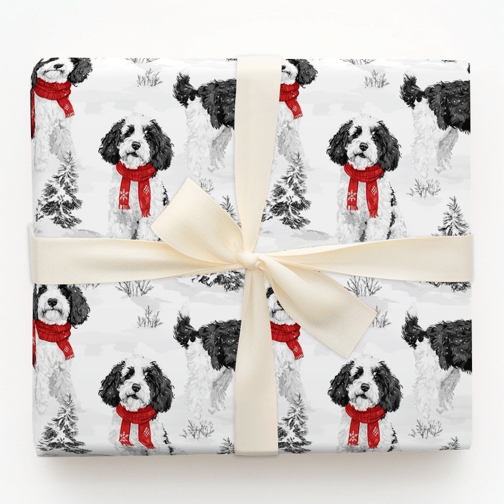 Black and White Cockapoo Dog with Red Scarf Winter Snow Christmas Gift ...