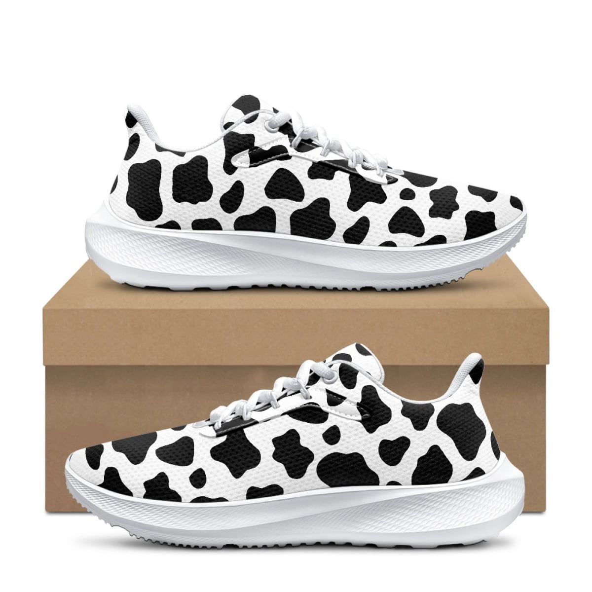Black and White Cow Pattern Round Toe Mesh Sneakers for Women ...
