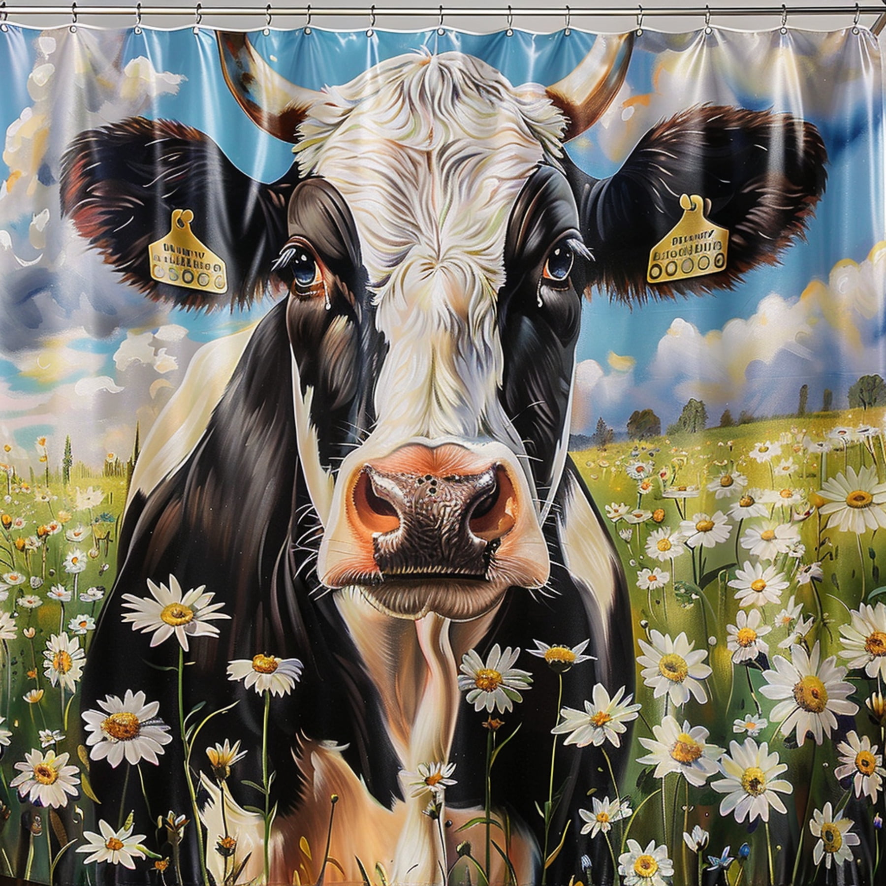Black and White Cow in Daisy Field Vibrant Oil Painting Style Shower ...