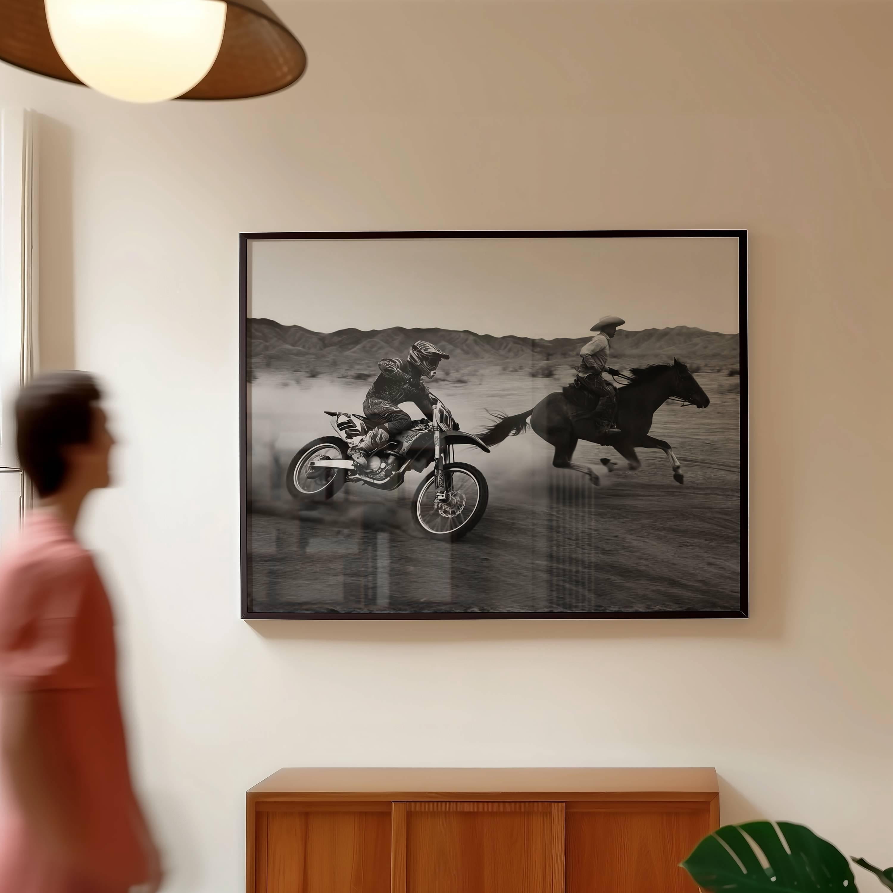 Black and White Cowboy vs Motocross Racing Wall Art Western Modern ...