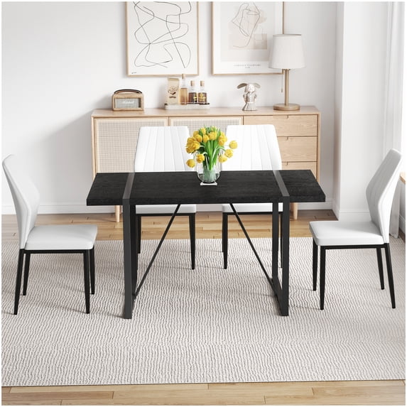 Black and White Dining Table Set for 4, Modern Faux Wood Grain Table ...