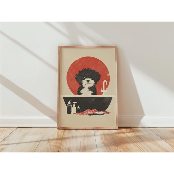 Black and White Dog Bath Art, Modern Red Circle Decor, Pet Lover Print ...