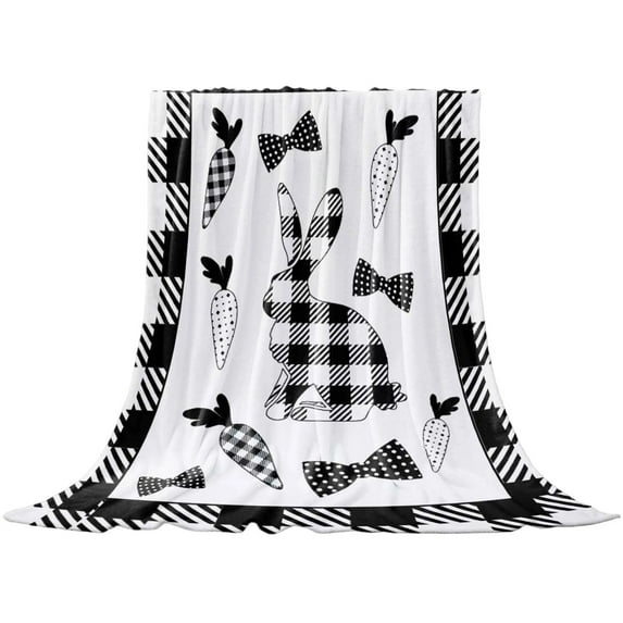 Black and White Easter Themed Blanket with Bunny and Eggs Pattern ...