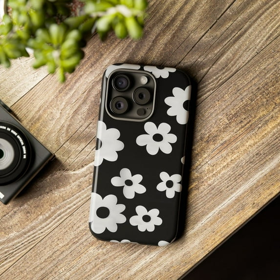 Black and White Elegant Flower Phone Case for iPhone 11-17 Pro Max ...