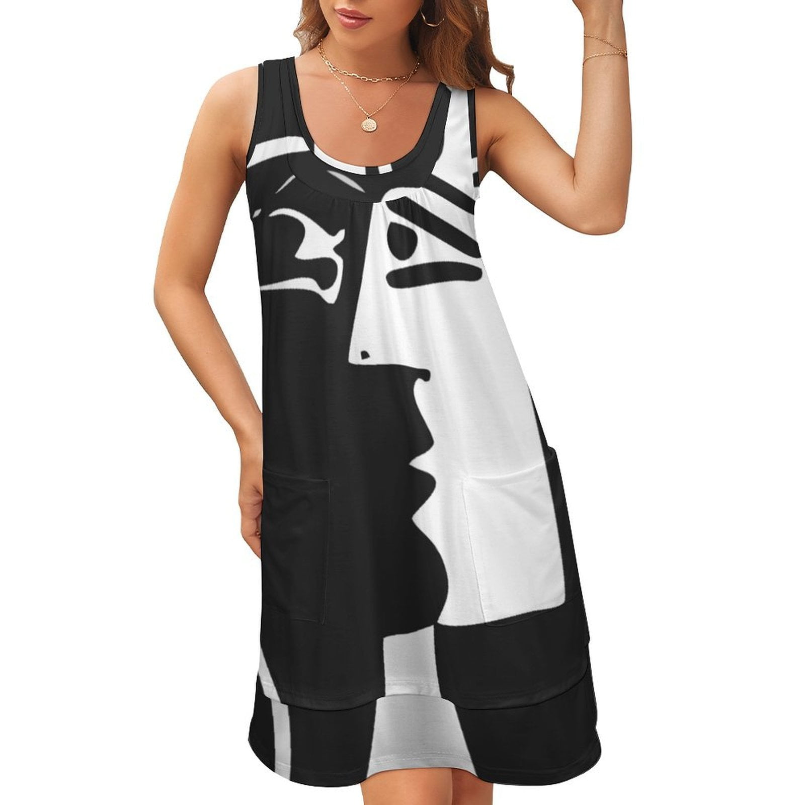 Black and White Faces VectorArt. Sleeveless U-Neck Fake Two Piece Dress ...