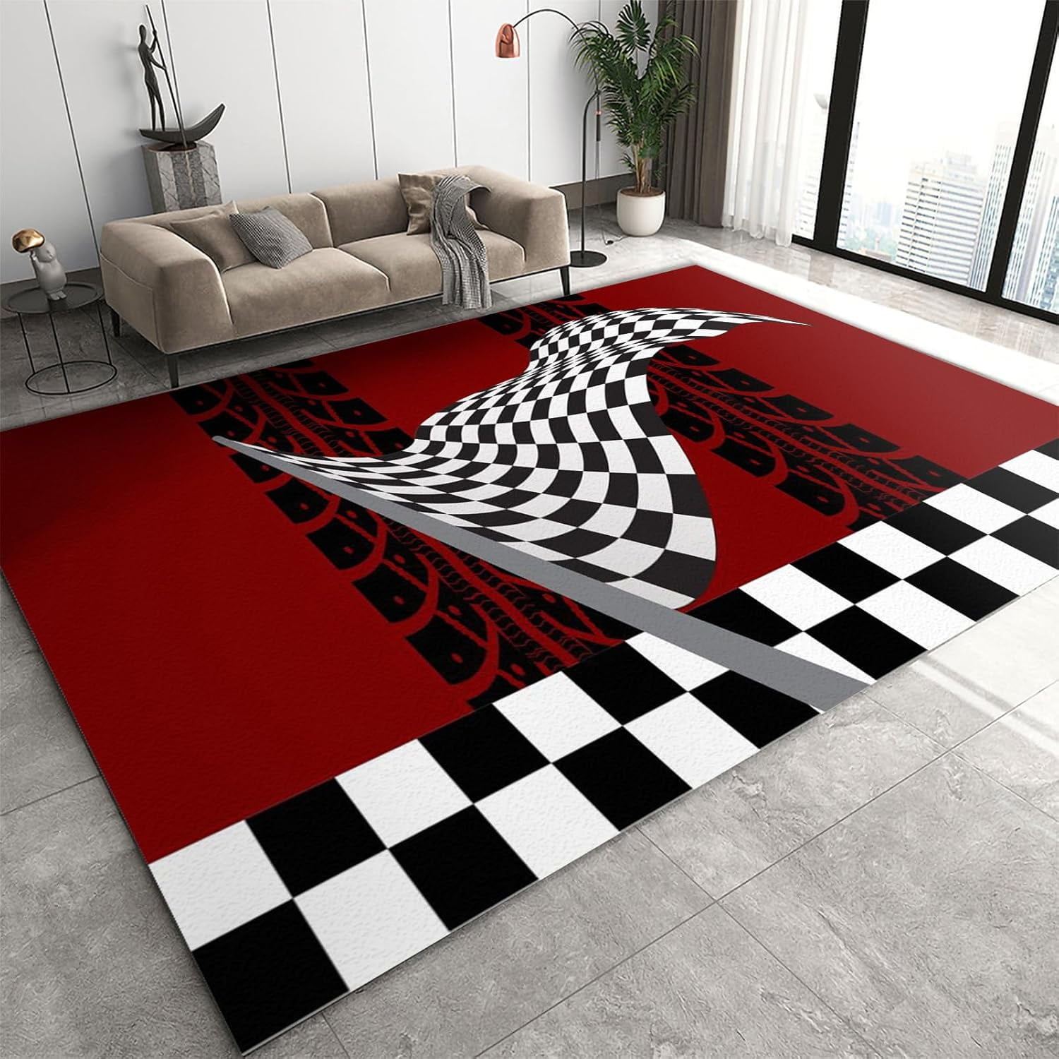 Black and White Flag Checkered Rug, Tire Mark Black Red Indoor Non-Slip ...
