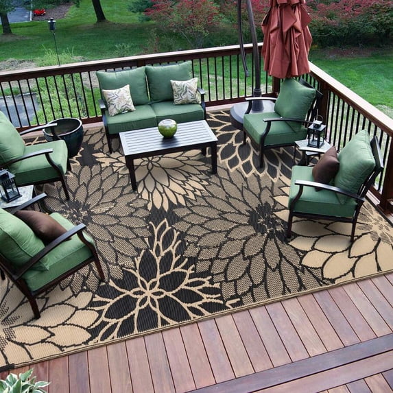 Black and White Floral Pattern Outdoor Plastic Straw Rug Waterproof ...