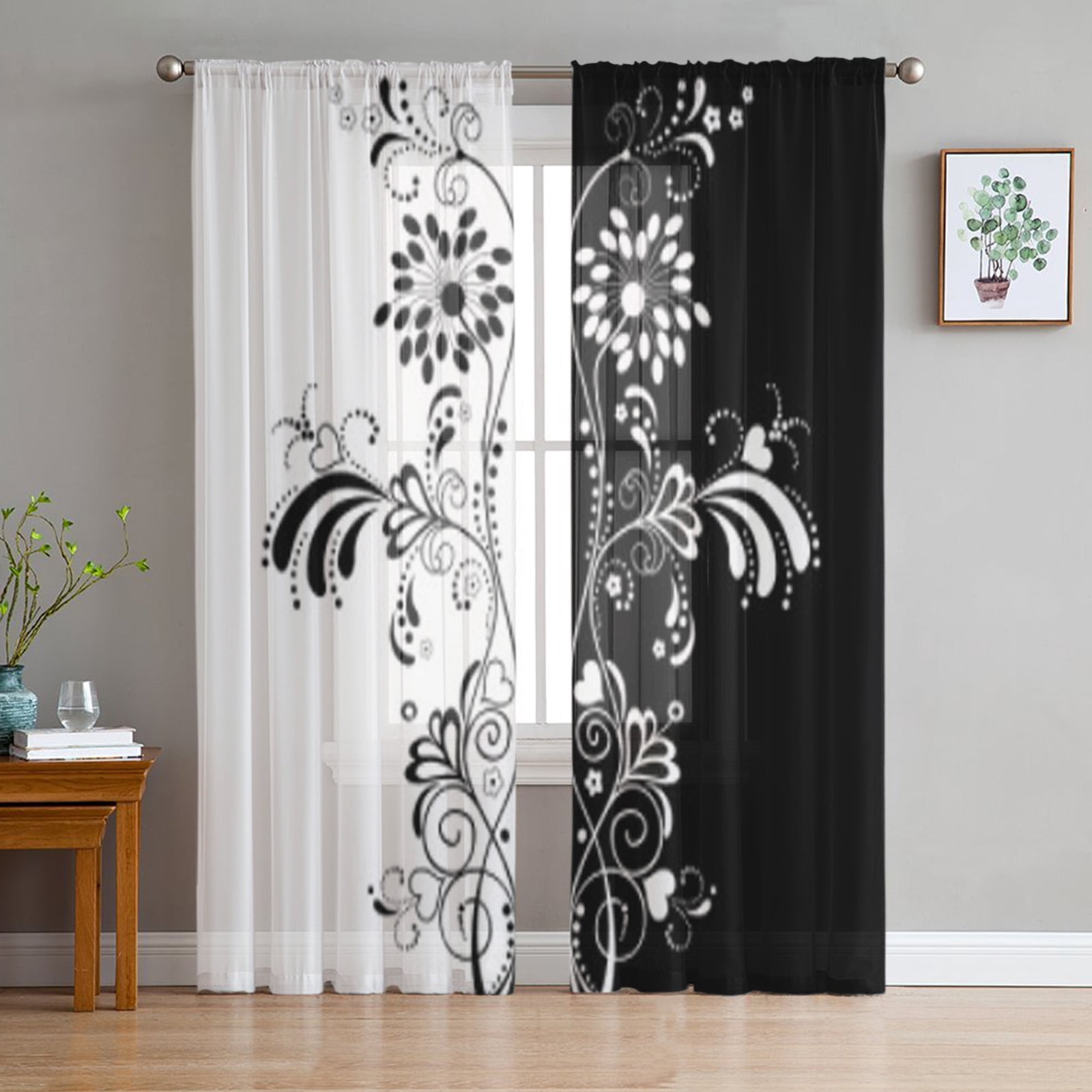 Black and White Floral Sheer Curtain for Living Room Modern Voile Tulle ...
