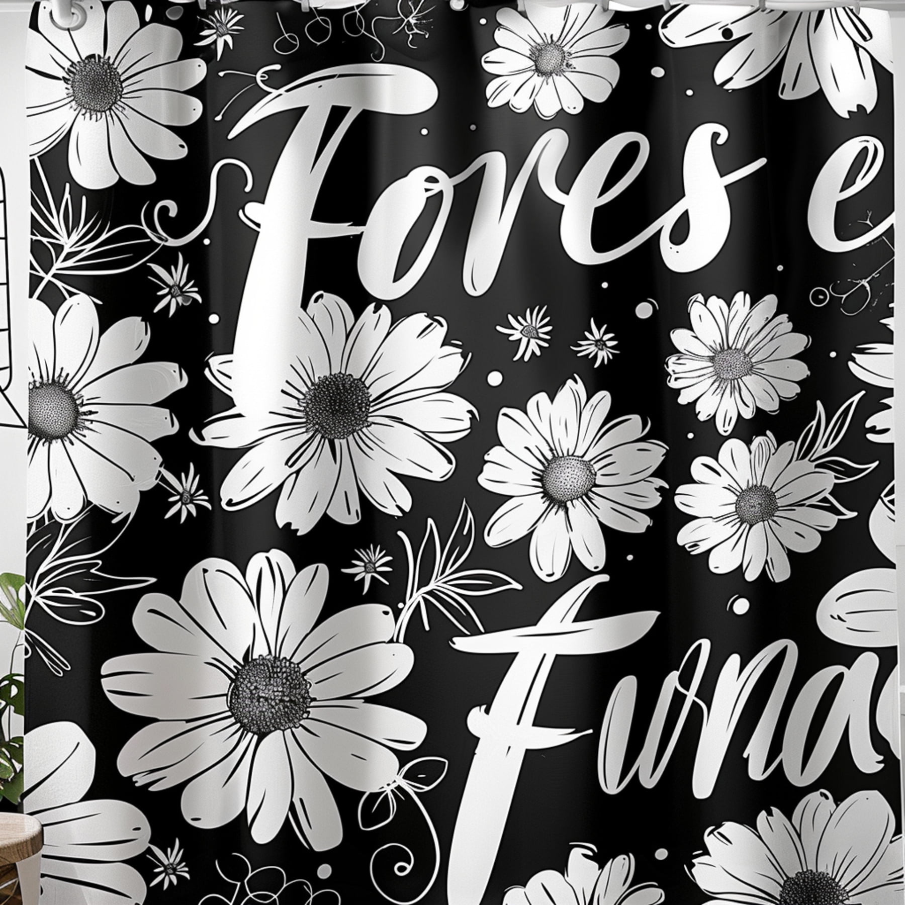 Black and White Floral Shower Curtain with 'FLOres e Funa' Cursive ...
