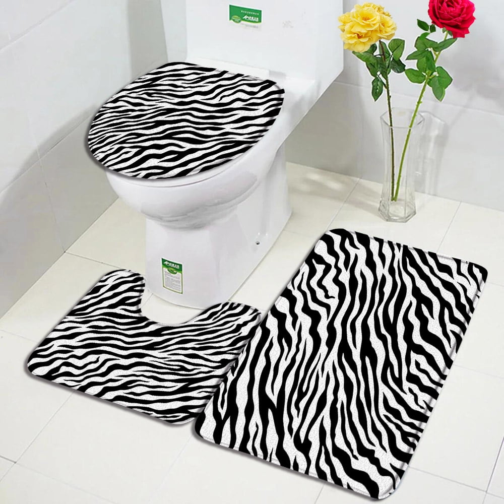 Black and White Geometric Bath Mat Set Zebra Print Modern Striped ...