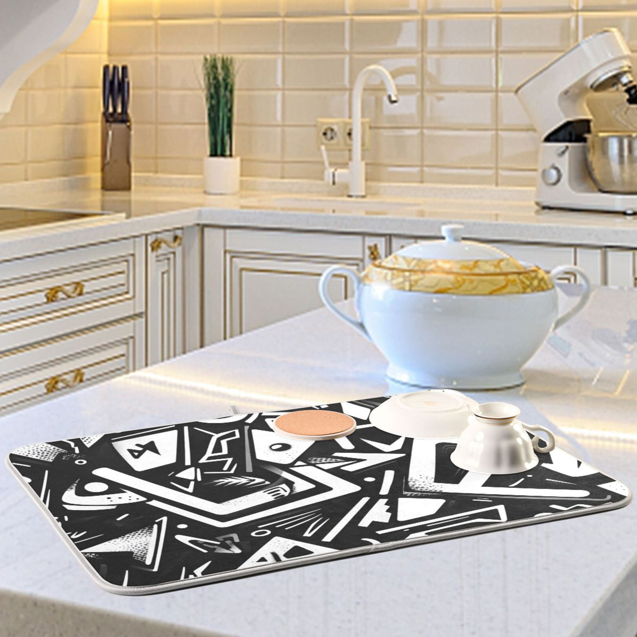 Black and White Geometric Graffiti Dish Drying Mats for Kitchen Counter ...