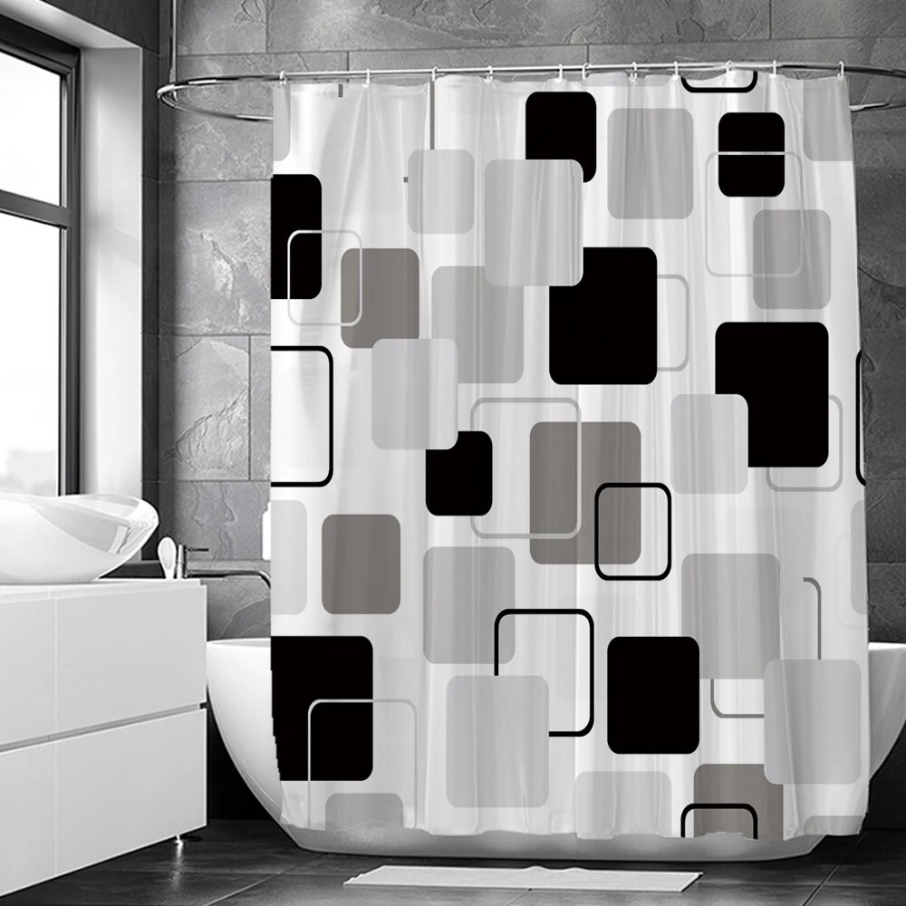 Black and White Geometric Pattern Shower Curtain Bathroom Waterproof Polyester Fabric Bath ...