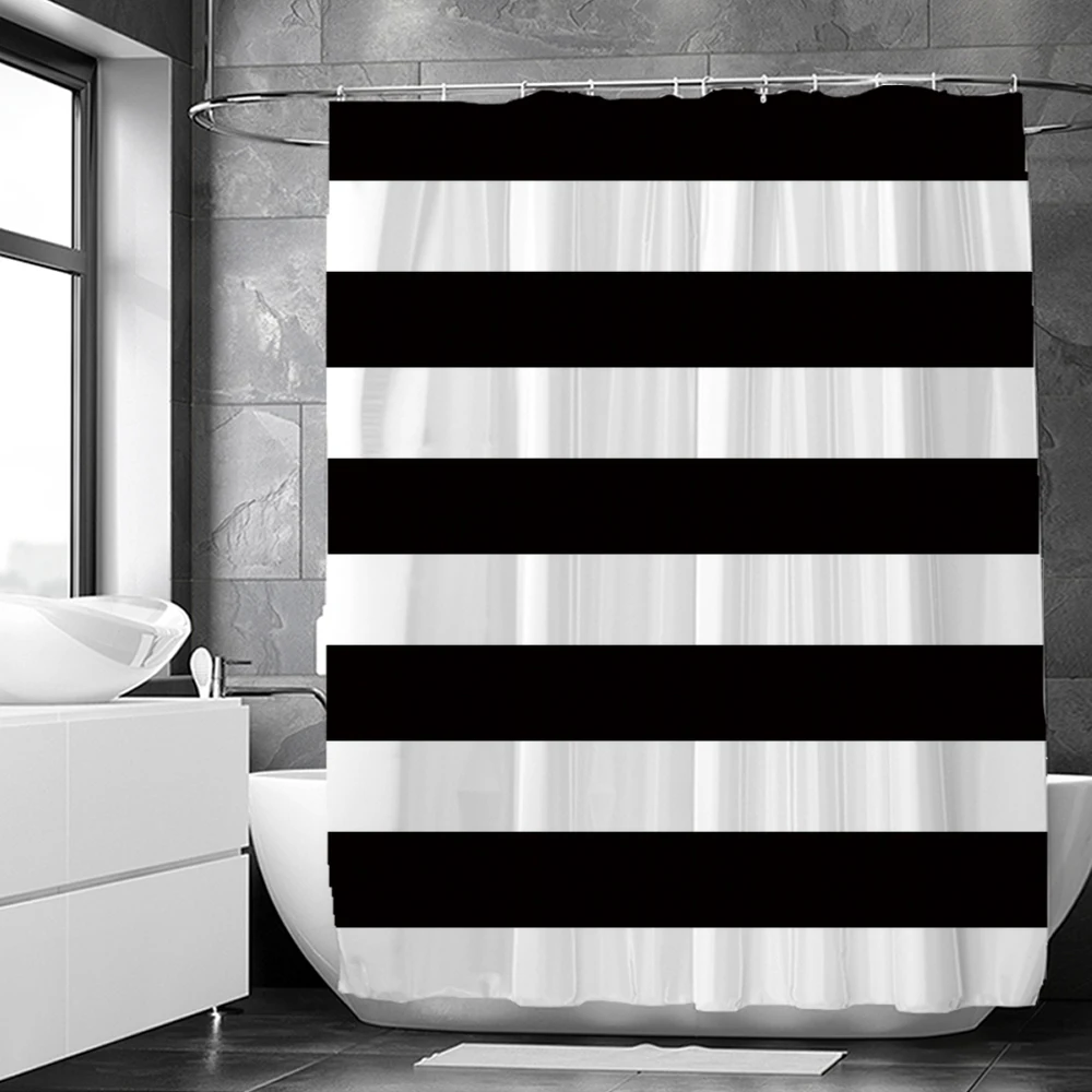 Black and White Geometric Pattern Shower Curtains Waterproof Fabric Bathroom Curtain with ...