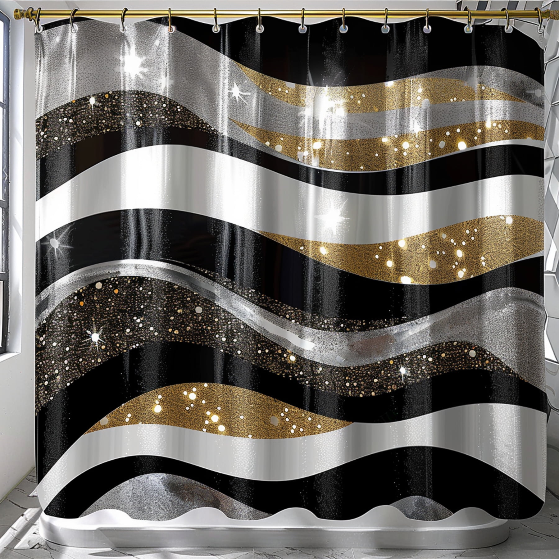Black and White Gold Glitter Wave Pattern Shower Curtain with Silver ...