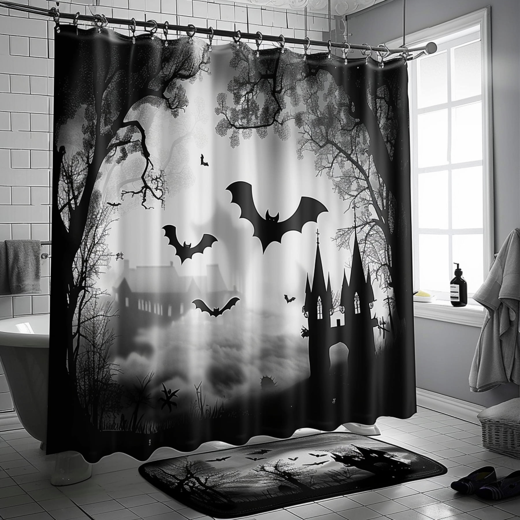 Black And White Gothic Bat Shower Curtain Spooky Trees Flying Bats