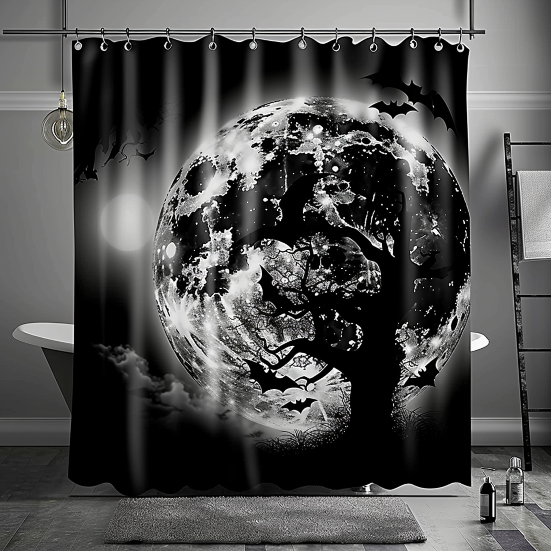Black and White Gothic Bathroom Shower Curtain with Bat Wing Tree Hyper ...