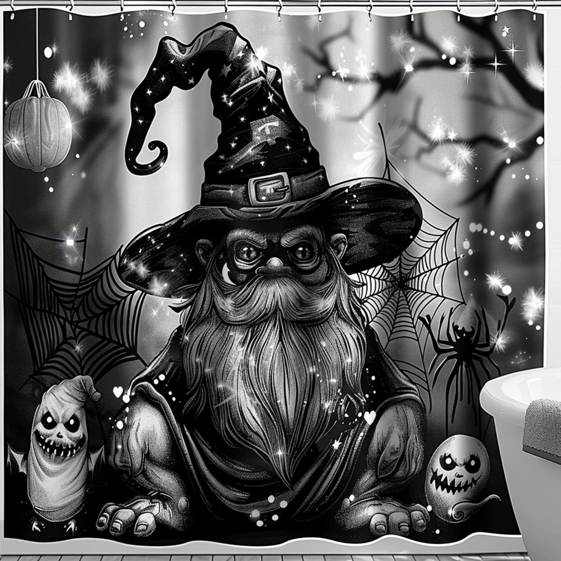 Black And White Gothic Gnome Halloween Shower Curtain With Spider Webs