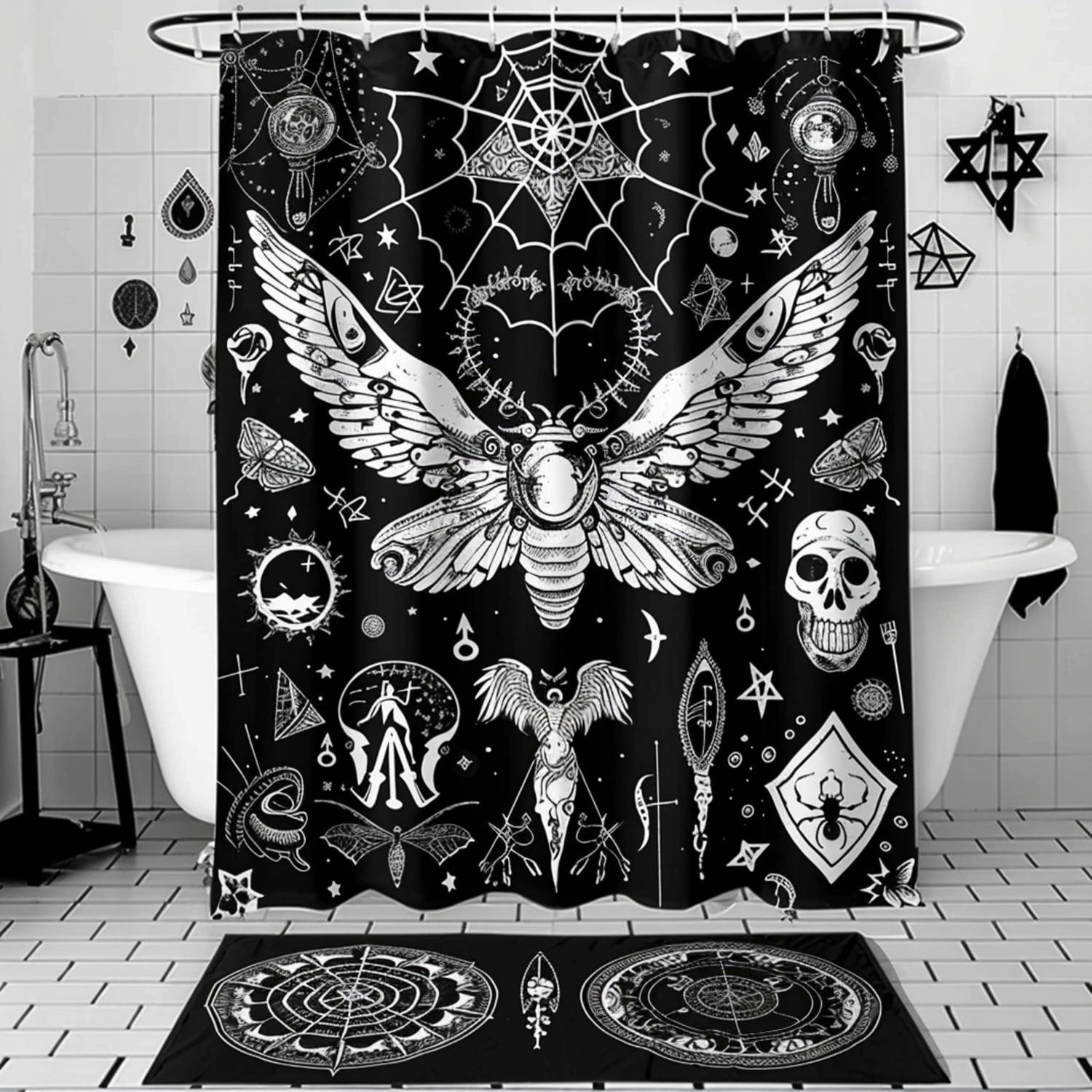 Black and White Gothic Shower Curtain with Occult Symbols and Mystical ...