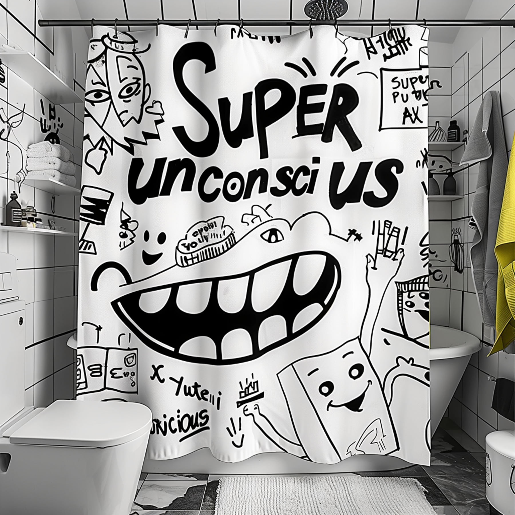 Black and White Graffiti Art Shower Curtain with 'Super Unconscious ...