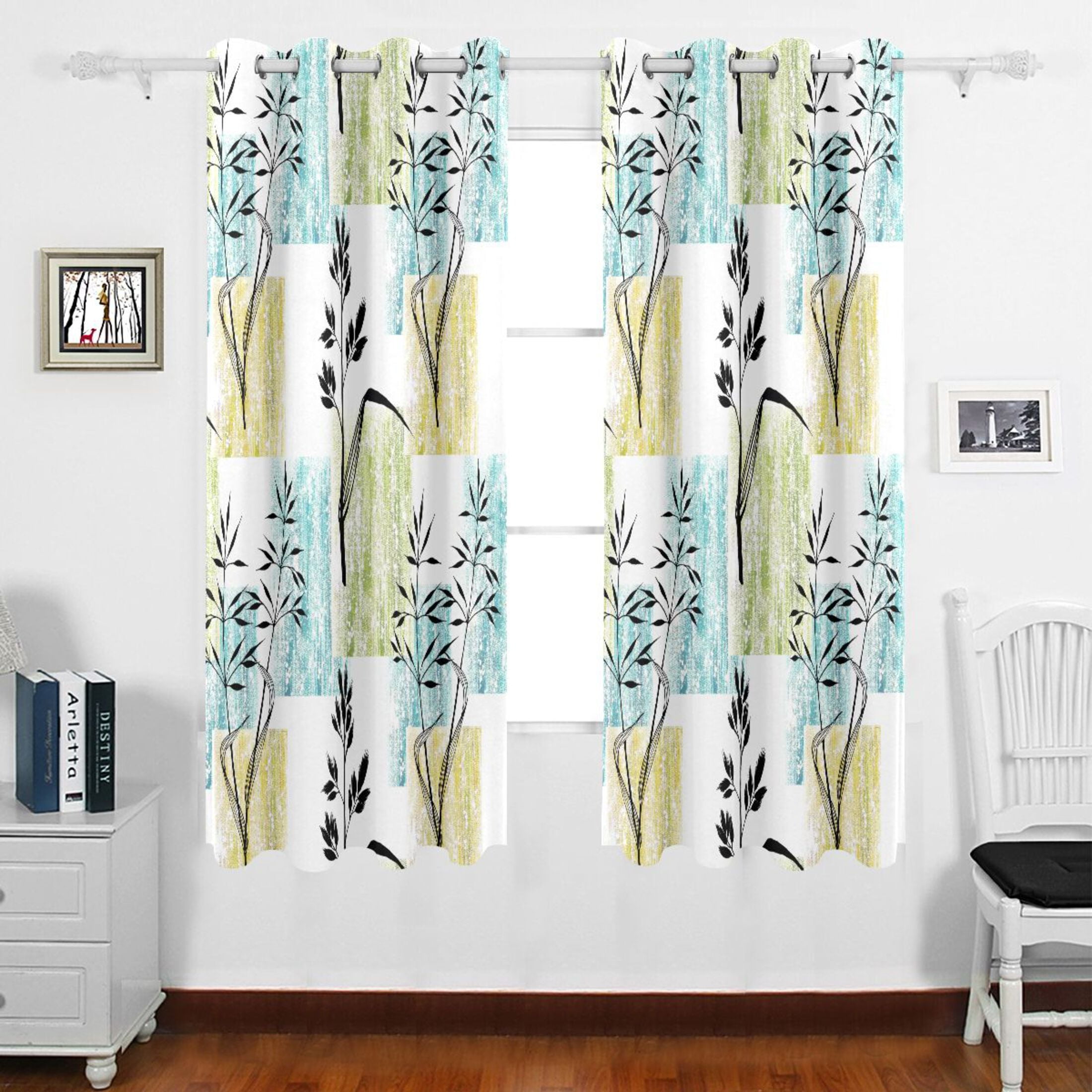 Black and White Grasses Grommet Blackout Curtains Thermal Insulated Window Curtain Sets for ...