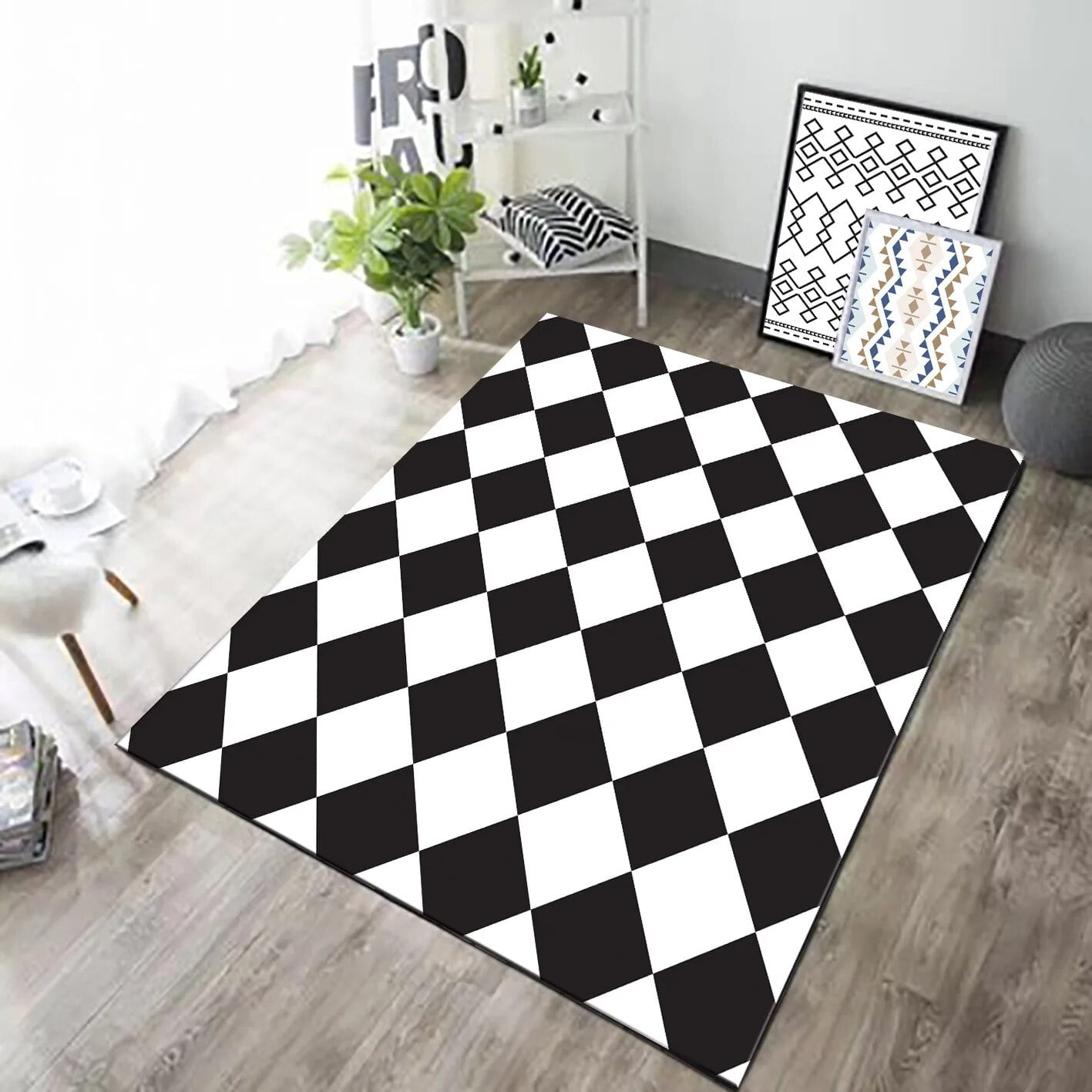 Black and White Grid Carpet Area Rug for Living Room ration Teenager ...