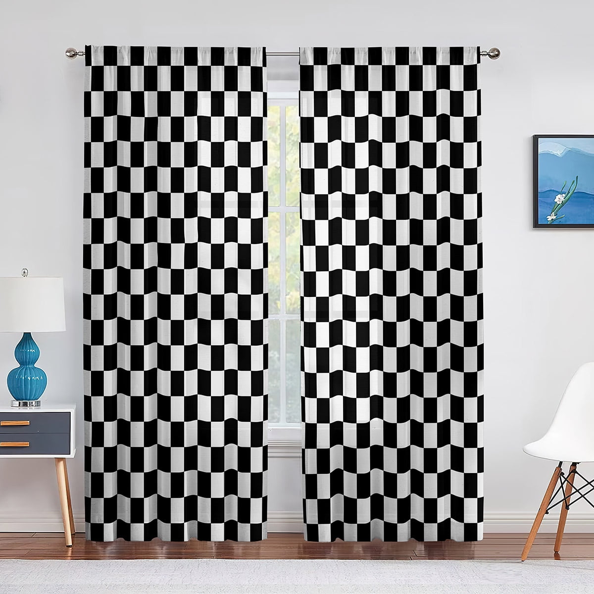 Black and White Groovy Checkerboard Sheer Voile Curtain Abstract ...