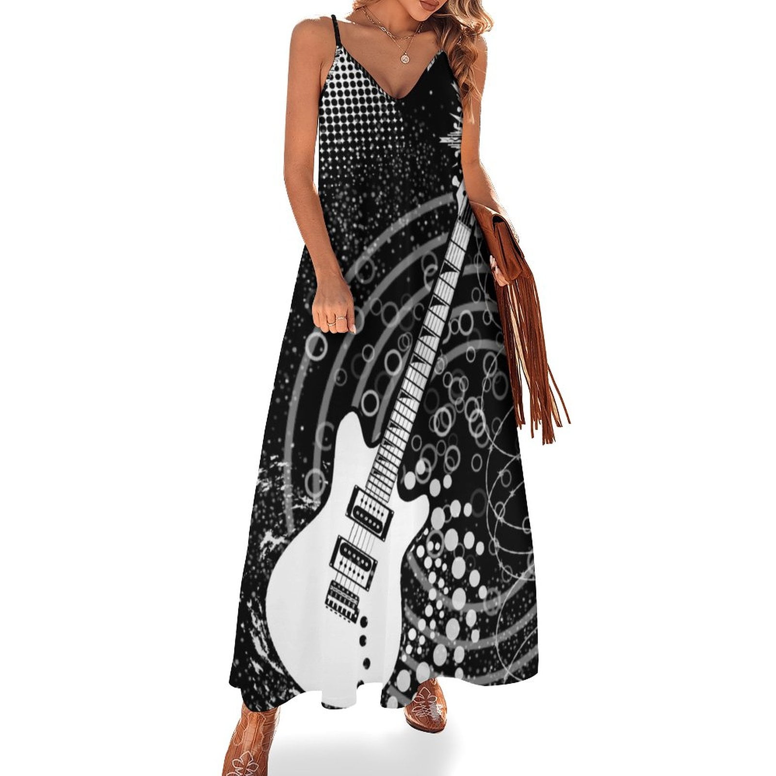 Black and White Guitar Graffiti Sleeveless Dress women's elegant loose ...
