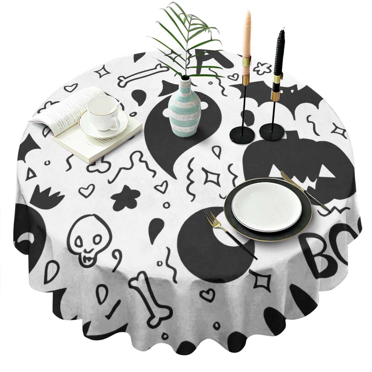 Black and White Halloween Doodle Pattern Round Tablecloth 60"x60 ...