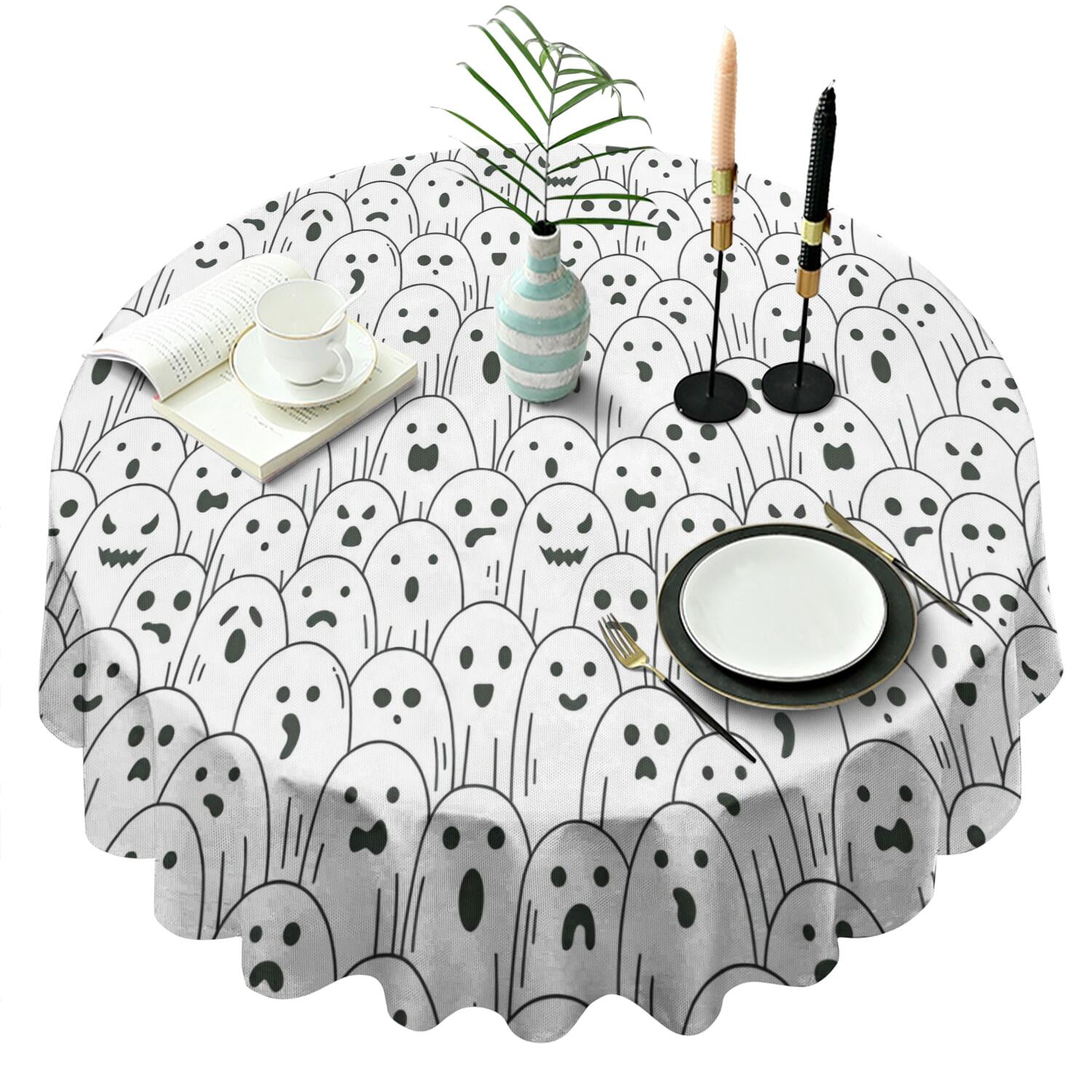 Black and White Halloween Ghosts Round Tablecloth 60"x60",Wrinkle ...