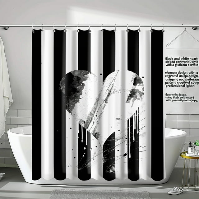 Black And White Heart Striped Pattern Shower Curtain Modern Style