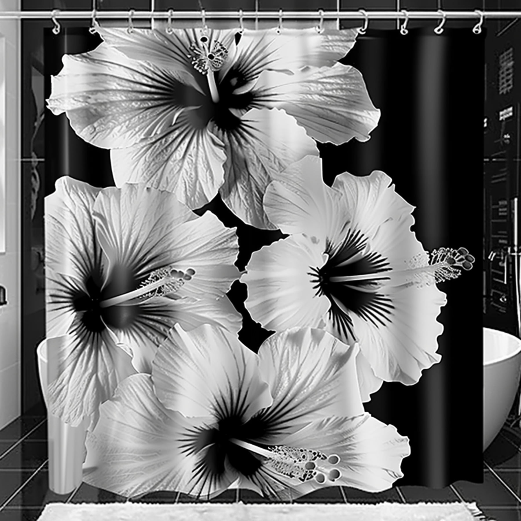 Black And White Hibiscus Flowers Shower Curtain Hyper Realistic
