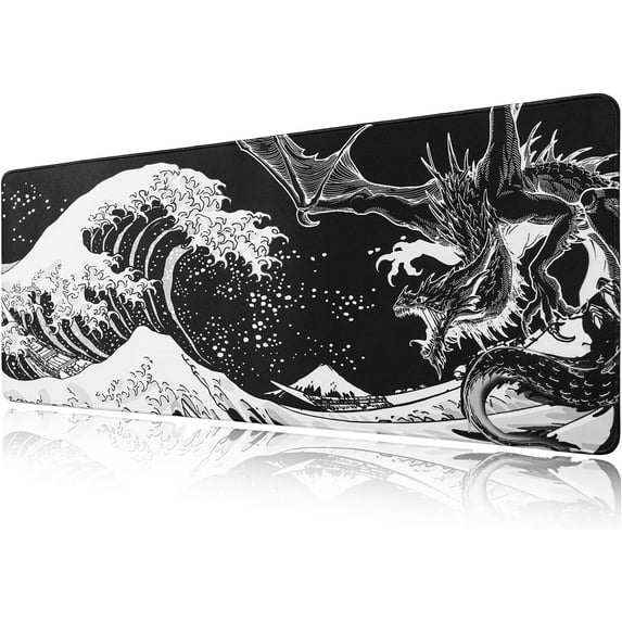 Black and White Large Mouse Pad, Japanese Wave Dragon Anime Desk Mouse ...