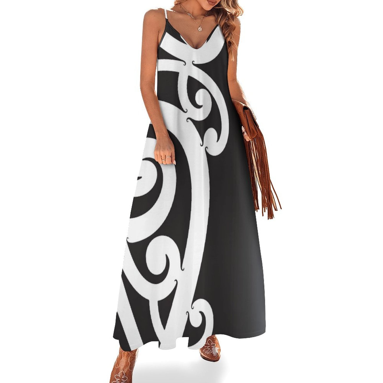 Black and White Layered Maori Koru Design Sleeveless Dress luxury ...