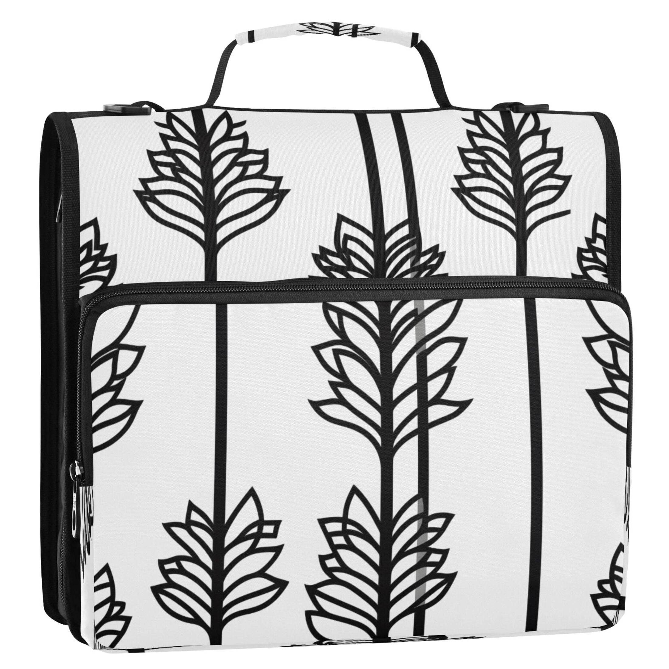 Black and White Leaf Pattern Stripes Lines Zipper Binder Bag 3 Ring ...