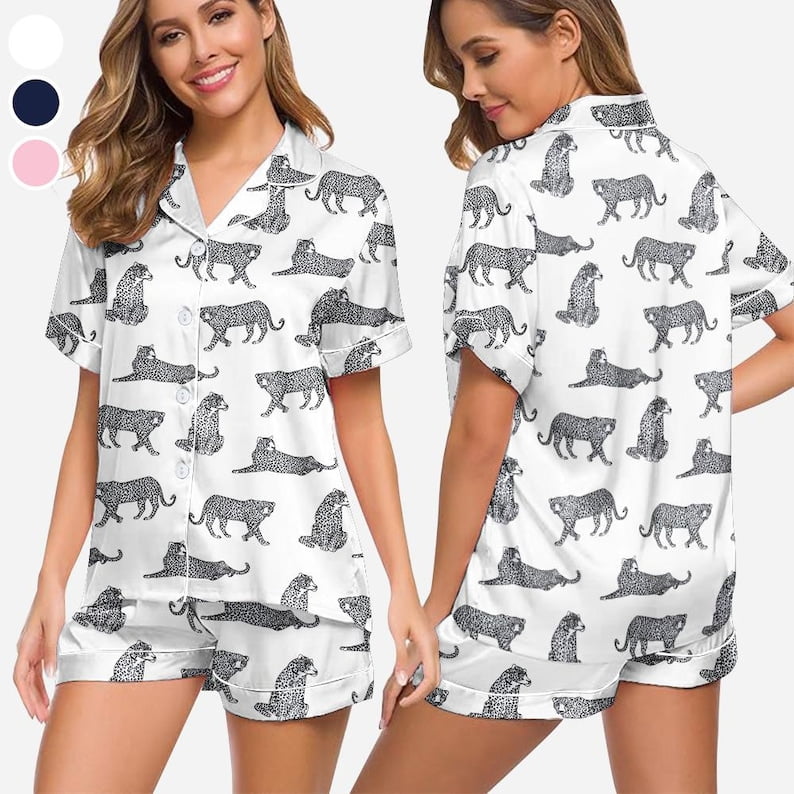 Black and White Leopard Print Pajama Set for Women | Short Sleeve ...