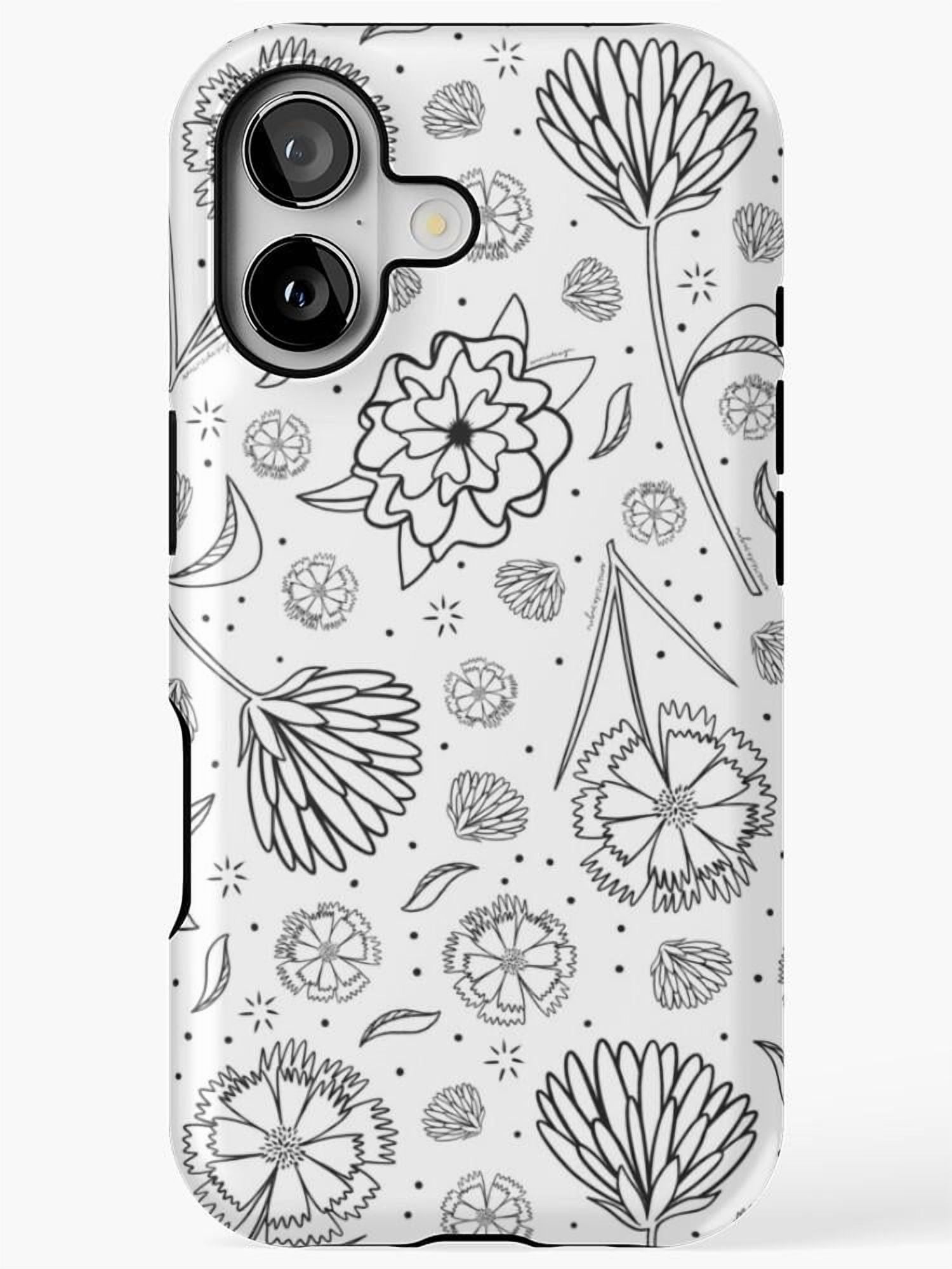 Black and White Line Art Wildflowers Tough iPhone Case, Polycarbonate ...
