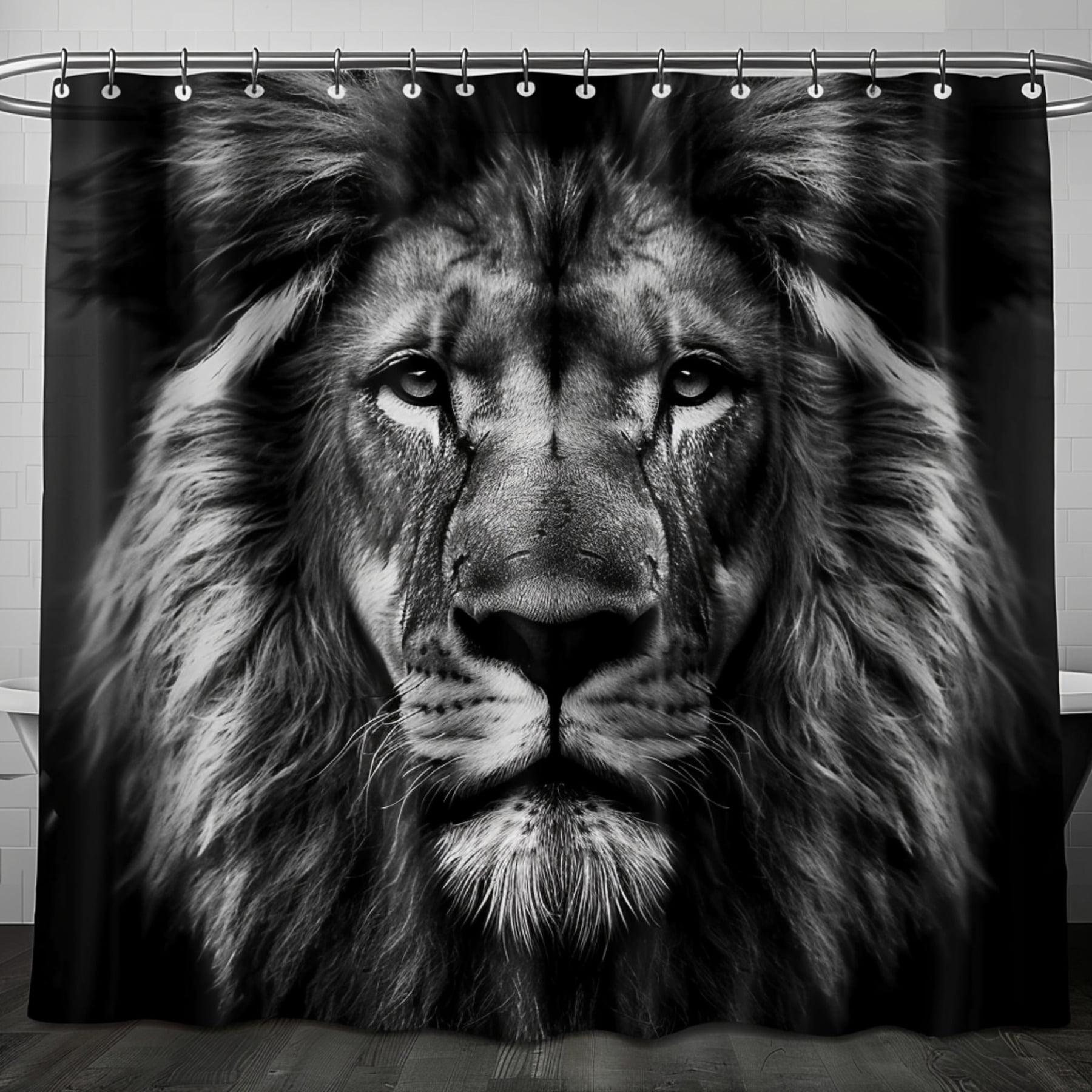 Black and White Lion Face Shower Curtain Animal Theme Bathroom Decor ...