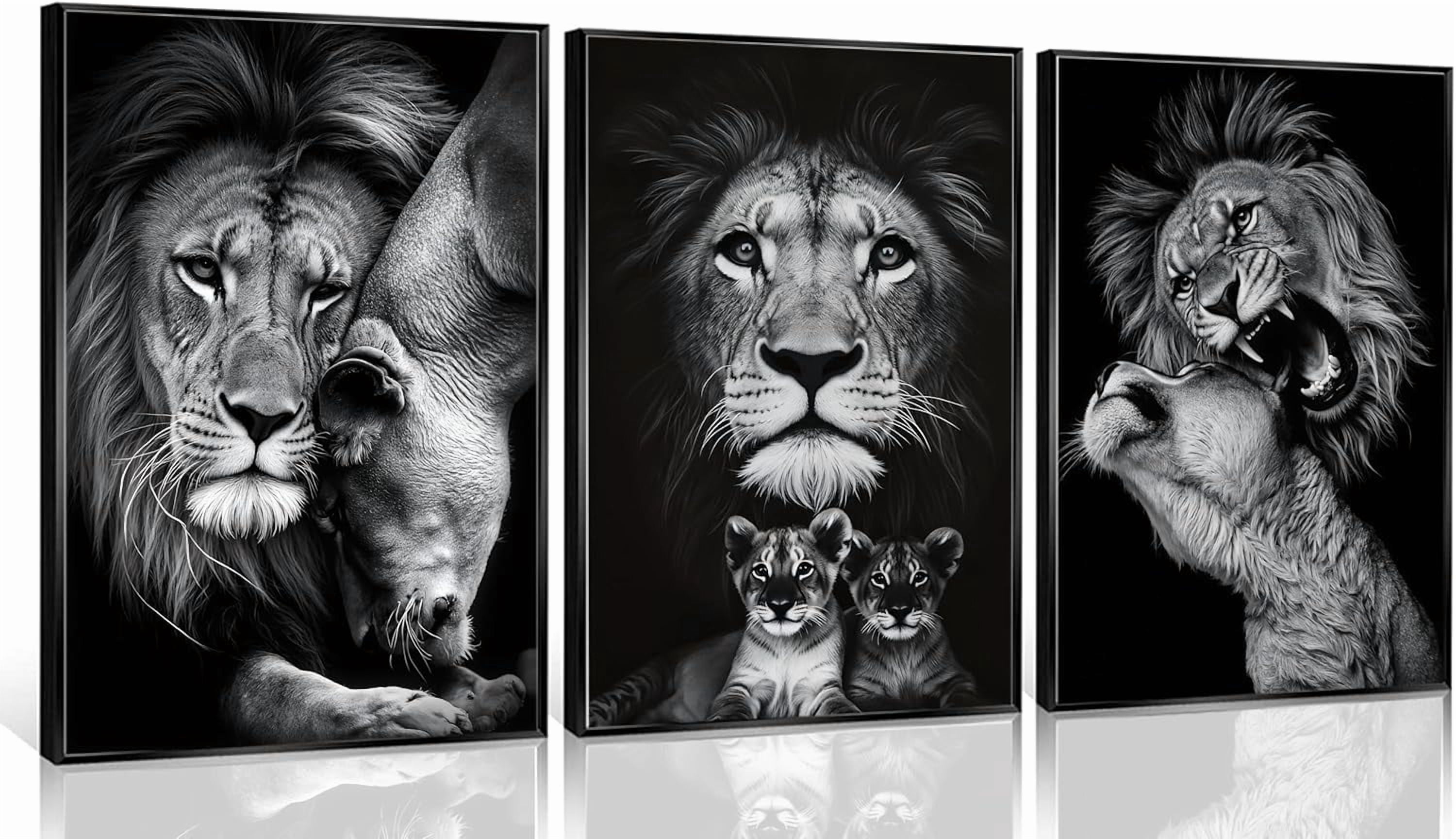 Black and White Lion Family Triptych Wall Hieng Canvas Paintings Animal ...