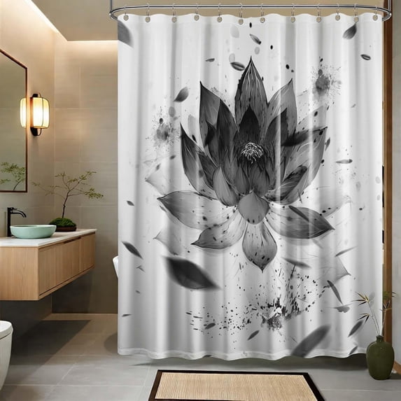 Black and White Lotus Shower Curtain, Black Grey Ink Floral Shower ...
