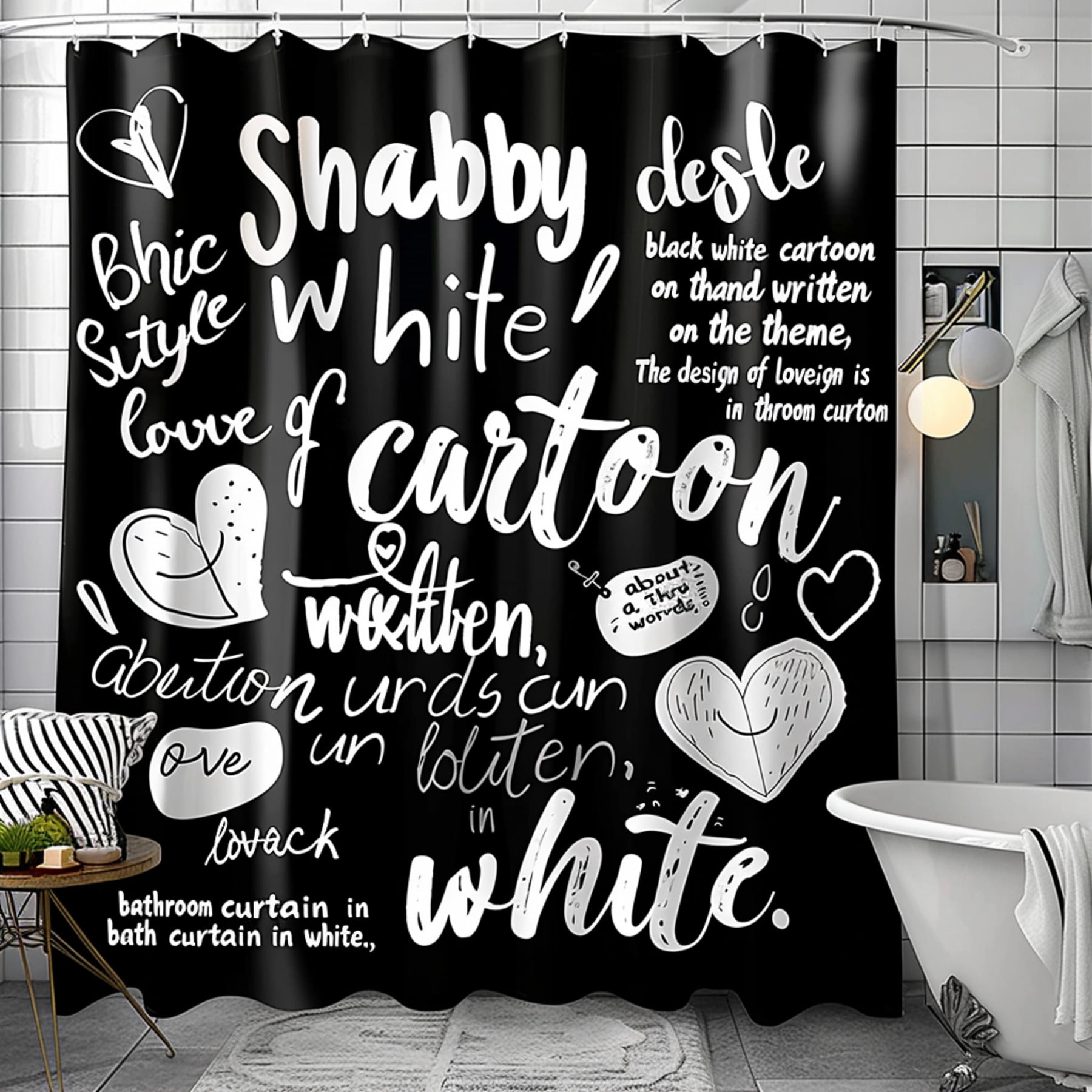 Black and White Love Cartoon Style Bathroom Curtain Handwritten Words ...