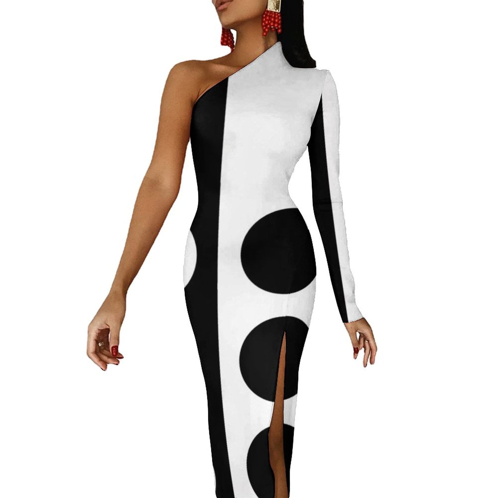 Black and White Mod Design Off Center Circles Half Dleeve Split Dress ...