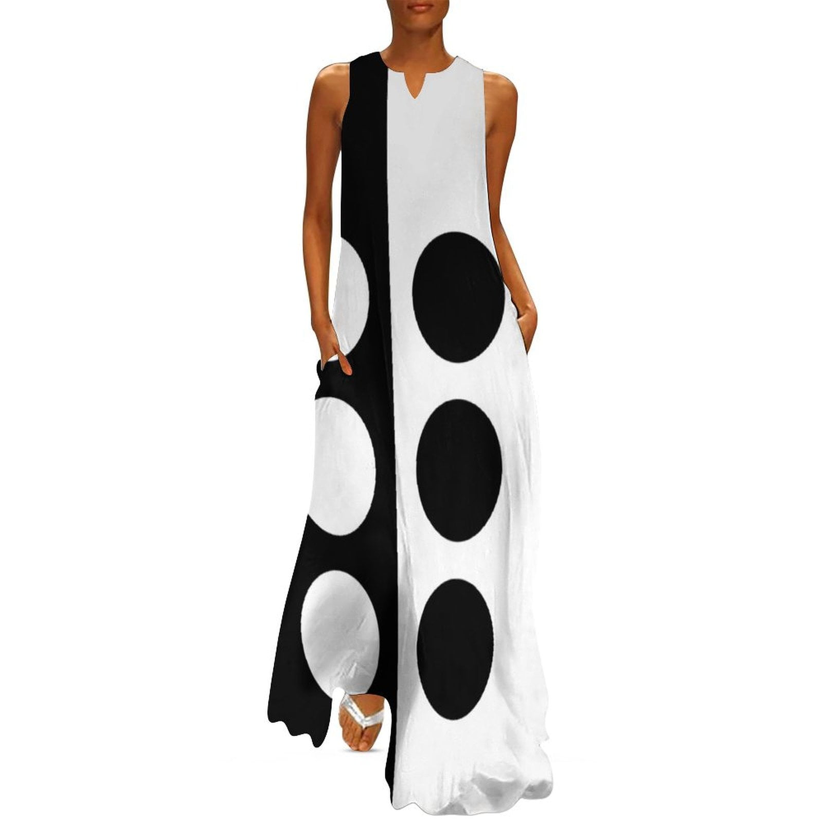 Black and White Mod Design Off Center Circles Long Dress women"s ...