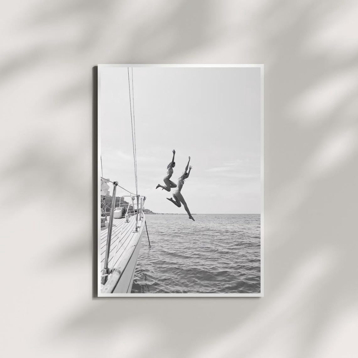 Black and White Ocean Girls Jumping off Sailboat Beach Wall Art Fashion ...