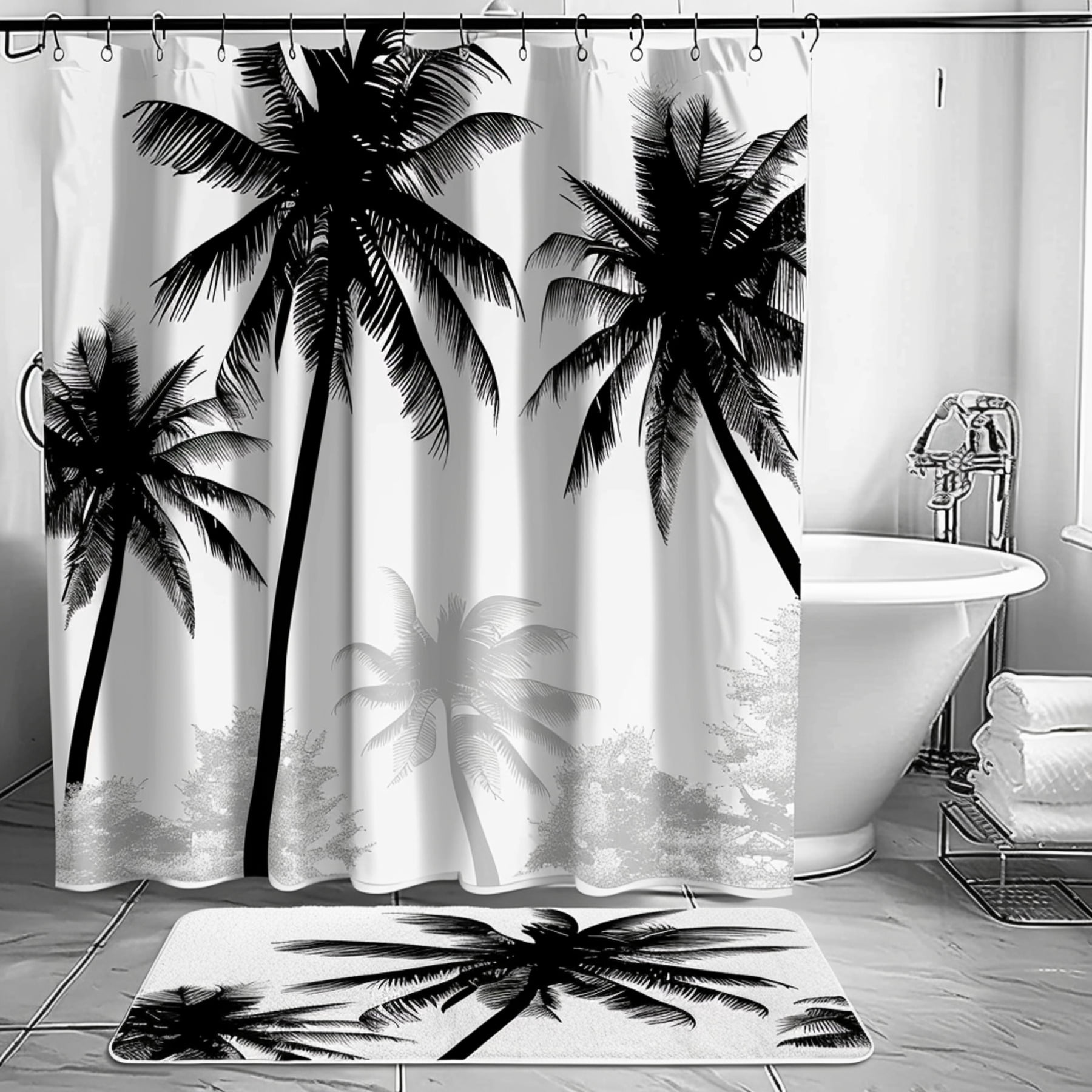 Black and White Palm Tree Bathroom Set with Monochrome Palm Leaf Design ...