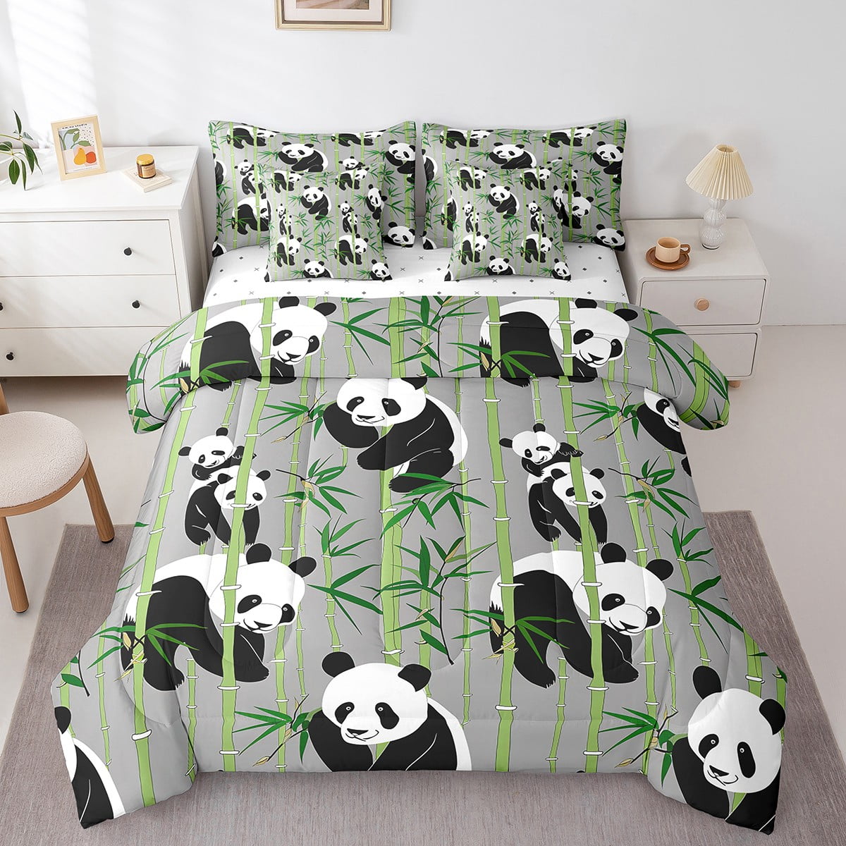 Black and White Panda Comforter Set 7 Piece Bed in a Bag Twin,Green ...